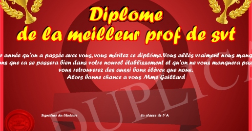 Diplome de la meilleur prof de svt