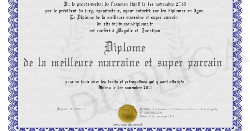Diplome de la meilleure marraine et super parrain