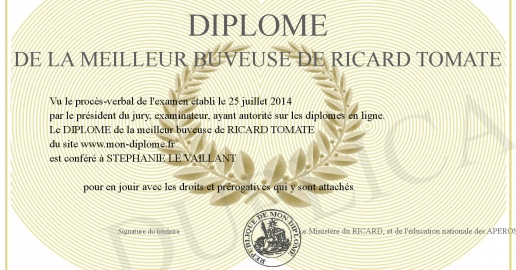 DIPLOME de la meilleur buveuse de RICARD TOMATE