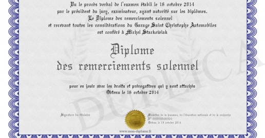 Diplome des remerciements solennel