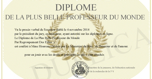 Diplome de La Plus Belle Professeur du Monde