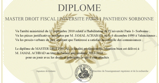 Diplome MASTER DROIT FISCAL UNIVERSITE PARIS 1 PANTHEON SORBONNE