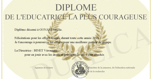 Diplome de l educatrice la plus courageuse