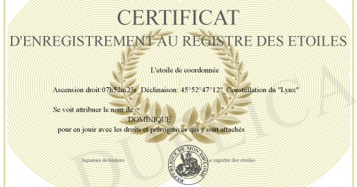Certificat d enregistrement au registre des Etoiles