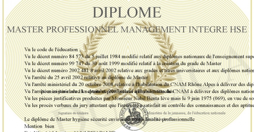 Diplome MASTER PROFESSIONNEL MANAGEMENT INTEGRE HSE