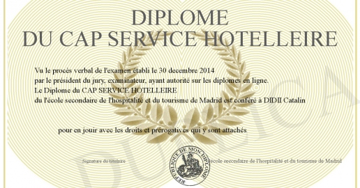 Diplome du CAP SERVICE HOTELLEIRE