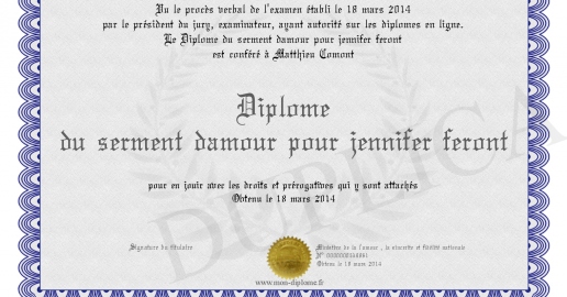 Diplome du serment damour pour jennifer feront