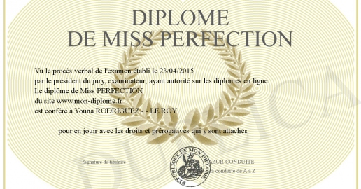 Diplome de Miss PERFECTION