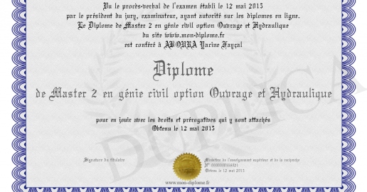 Diplome de Master 2 en genie civil option Ouvrage et Hydraulique