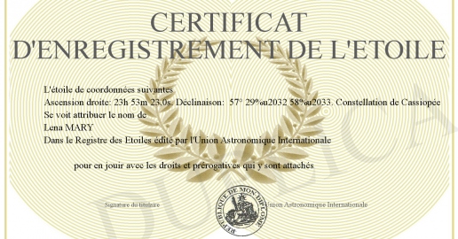 Certificat d enregistrement de l etoile