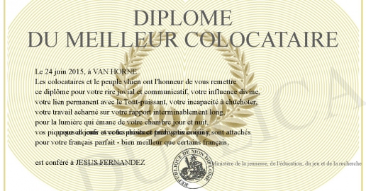 Diplome du meilleur colocataire