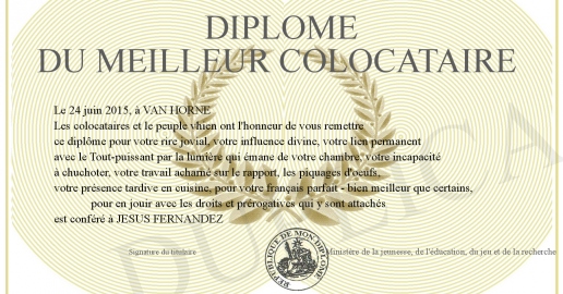 Diplome du meilleur colocataire