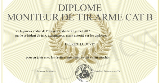 Diplome Moniteur de tir arme Cat B