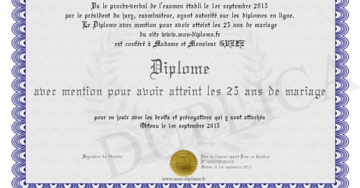 Diplome avec mention pour avoir atteint les 25 ans de mariage
