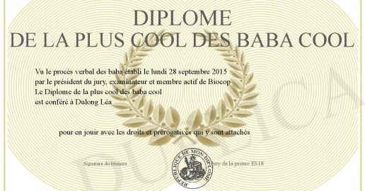 Diplome de la plus cool des baba cool