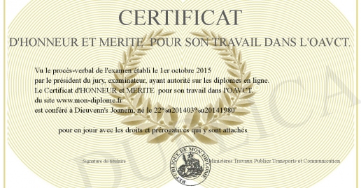 Certificat d HONNEUR et MERITE pour son travail dans l OAVCT.
