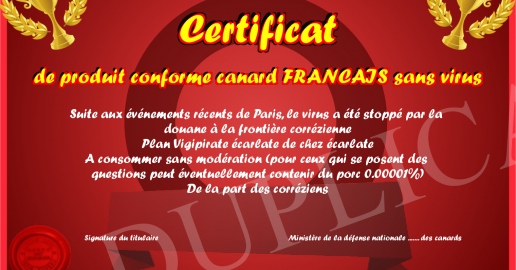 Certificat de produit conforme canard FRANCAIS sans virus
