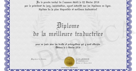 Diplome de la meilleure traductrice