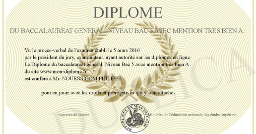 Diplome du baccalaureat general. Niveau Bac 5 avec mention tres bien A