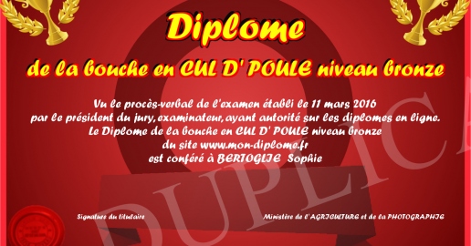 Diplome de la bouche en CUL D POULE niveau bronze