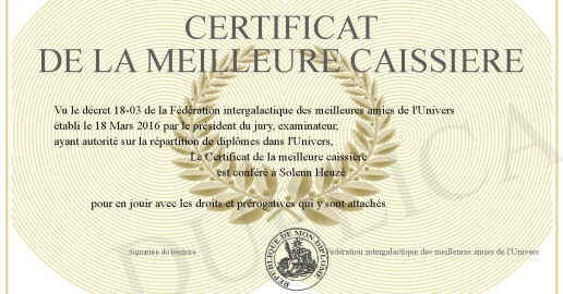 Certificat de la meilleure caissiere