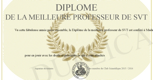 Diplome de la meilleure professeur de SVT