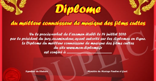 Diplome du meilleur connaisseur de musique des films cultes