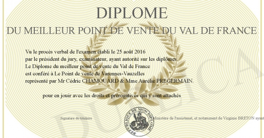 Diplome du meilleur point de vente du Val de France