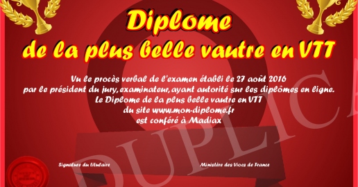 Diplome de la plus belle vautre en VTT