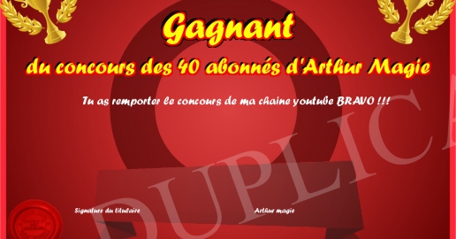 Gagnant du concours des 40 abonnes d Arthur Magie