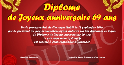 Diplome de Joyeux anniversaire 69 ans