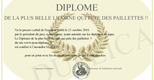 Diplome de la plus belle licorne qui pete des paillettes