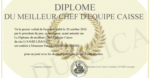 Diplome du meilleur Chef d Equipe Caisse