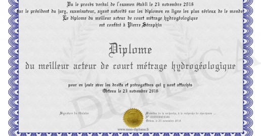 Diplome du meilleur acteur de court metrage hydrogeologique