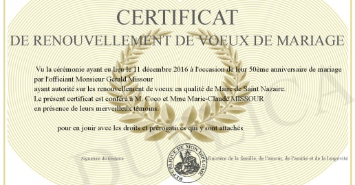 Certificat de renouvellement de voeux de mariage