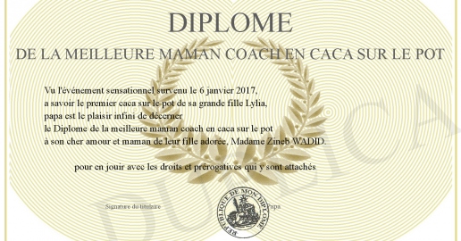 Diplome de la meilleure maman coach en caca sur le pot