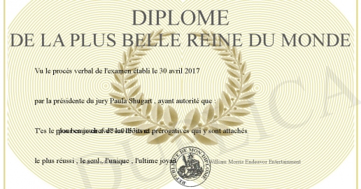 Diplome de la plus belle Reine du monde