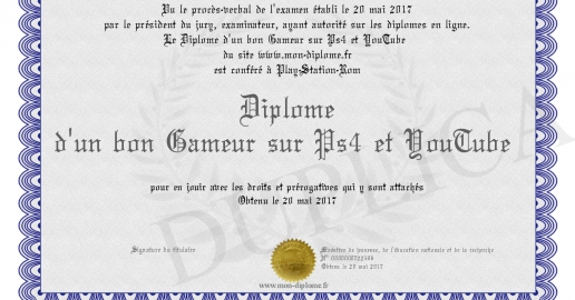 Diplome d un bon Gameur sur Ps4 et YouTube
