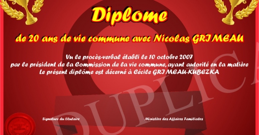Diplome de 20 ans de vie commune avec Nicolas GRIMEAU