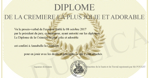 Diplome de la Cremiere la plus jolie et adorable