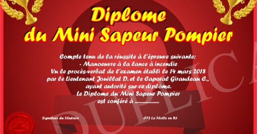 Diplome du Mini Sapeur Pompier