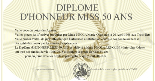Diplome d HONNEUR MISS 50 ANS
