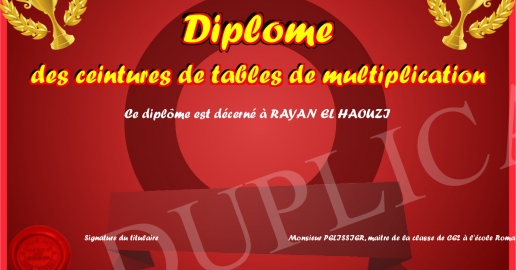 Diplome des ceintures de tables de multiplication