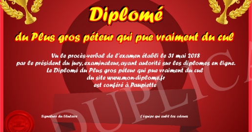 Diplome du Plus gros peteur qui pue vraiment du cul