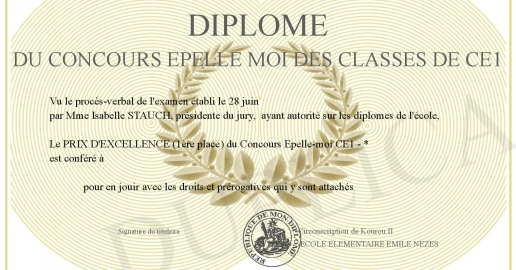 Diplome du Concours Epelle moi des classes de CE1
