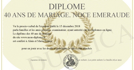 Diplome 40 ans de mariage. Noce EMERAUDE