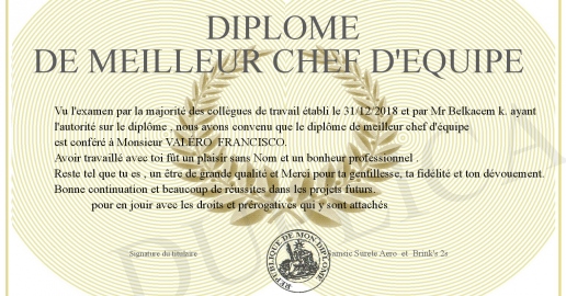 Diplome de meilleur chef d equipe