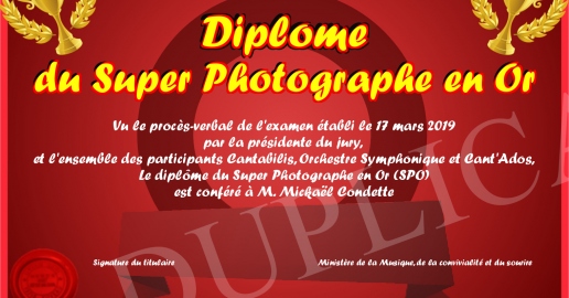 Diplome du Super Photographe en Or