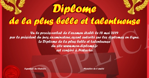 Diplome de la plus belle et talentueuse