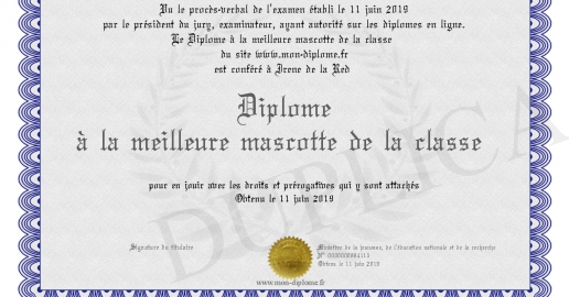 Diplome a la meilleure mascotte de la classe